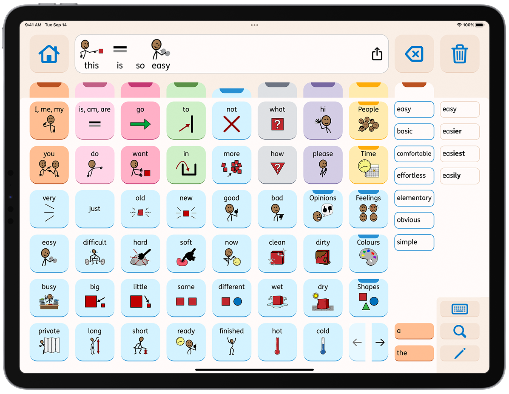 How are adjectives and adverbs organized in Proloquo? - AssistiveWare